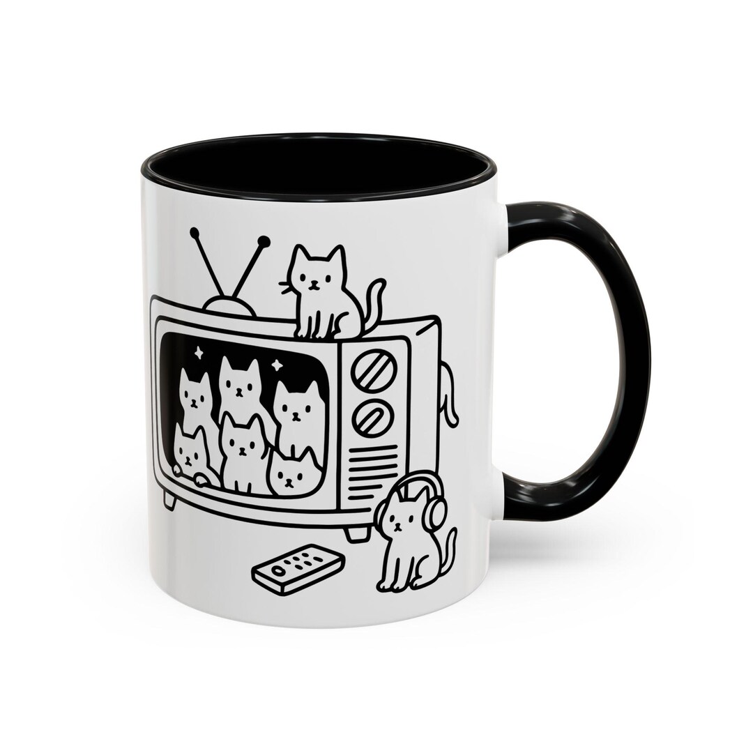 Funny Retro TV Cat Mug, Cute Kittens Watching Television, Vintage Black ...