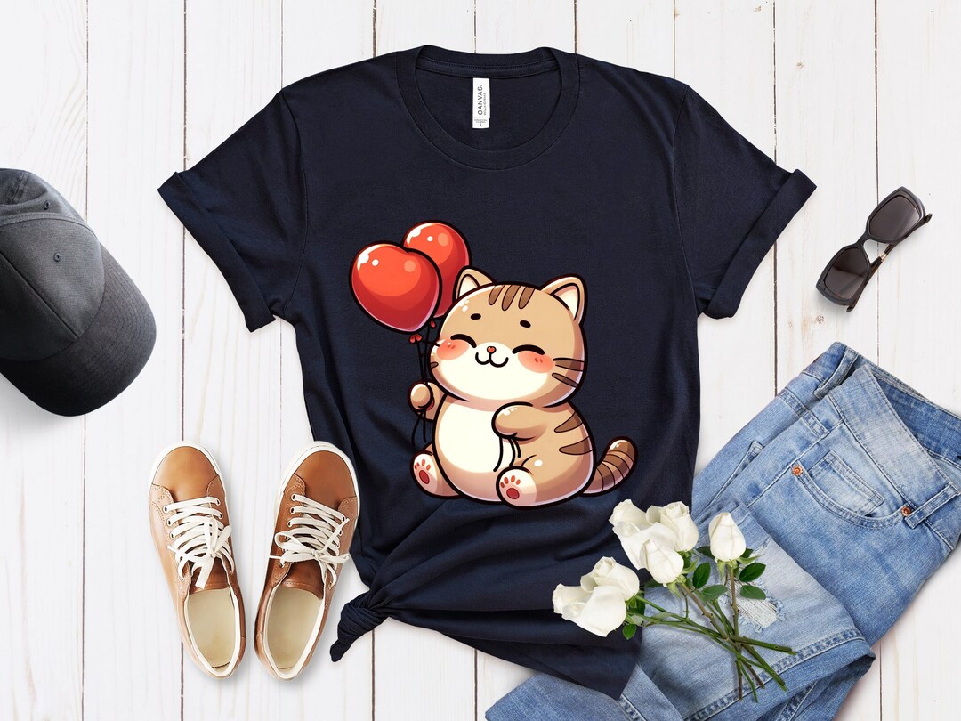 Valentine's Day Cartoon Cat T-shirt - Heart Balloon Kitty Tee Top ...