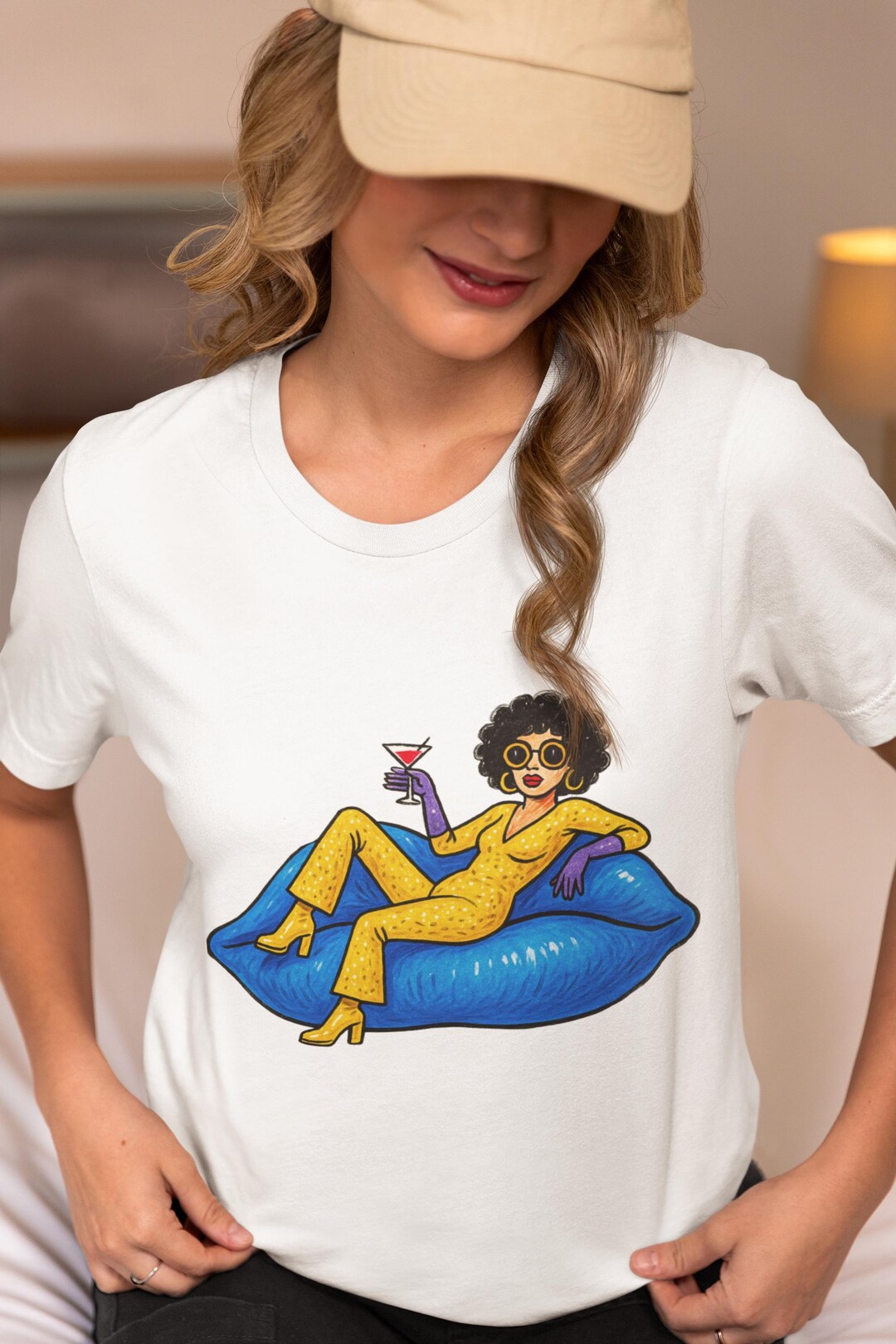 Retro Diva T-shirt, Unisex 70s Disco Woman in Yellow Jumpsuit on Blue ...
