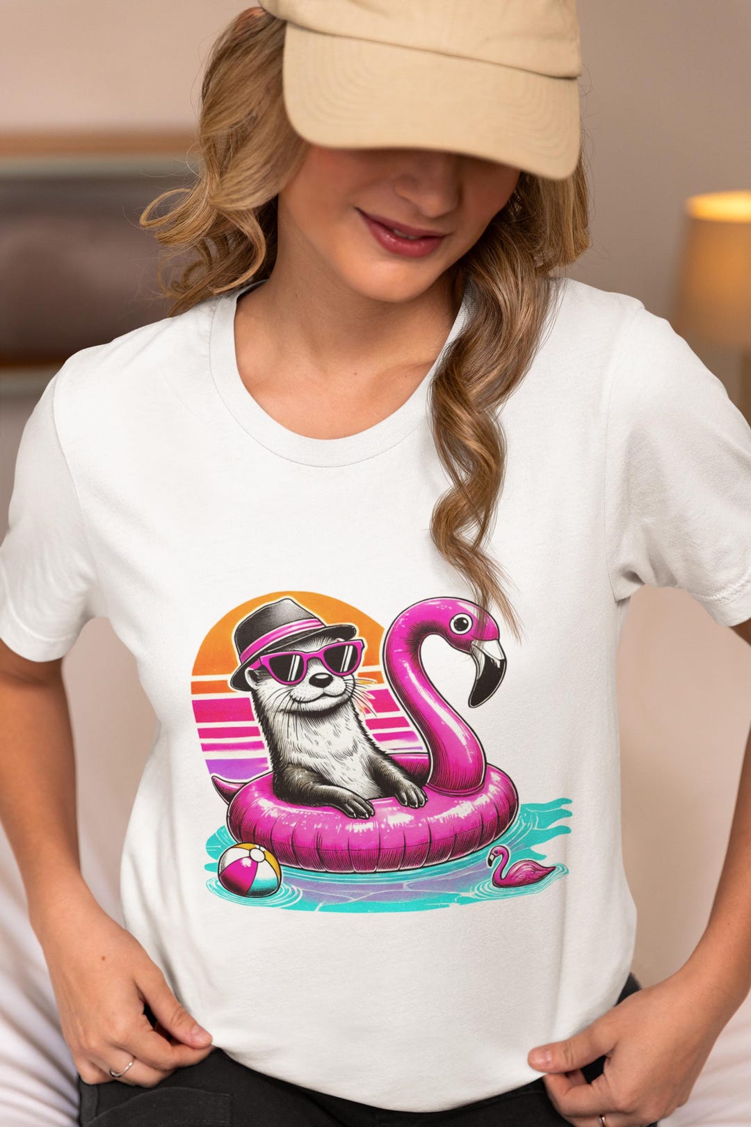Otter Pool Party T-shirt, Retro Sunset Flamingo Float Tee With ...