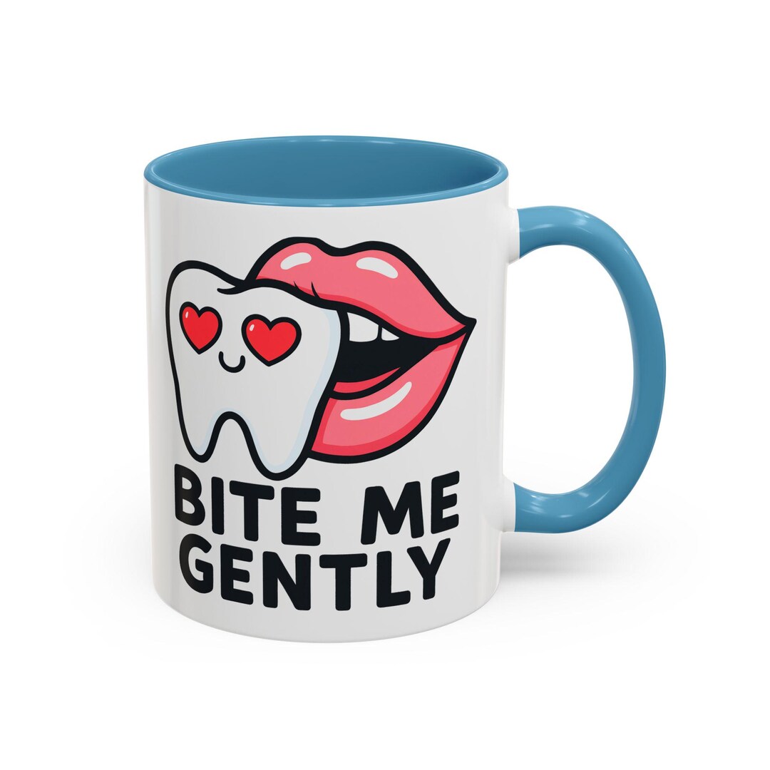 Cute Tooth & Lips Bite Me Gently Mug - Playful Dental Cartoon Art ...