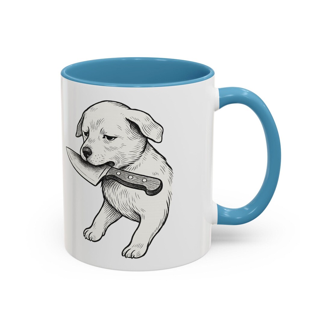 Sad Dog Holding Knife Mug, Dark Humor Coffee Cup With Edgy Sketch Art ...