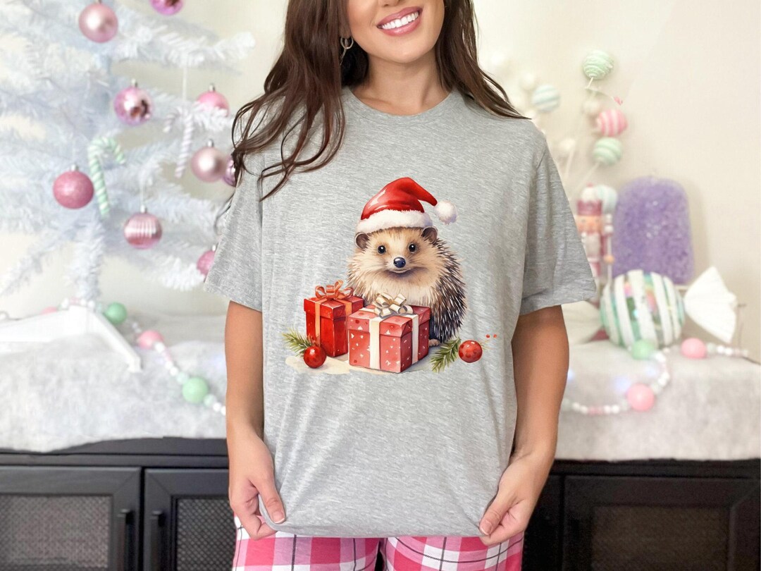 Hedgehog With Christmas Santa Hat & Gift Boxes Unisex T-shirt for Men ...