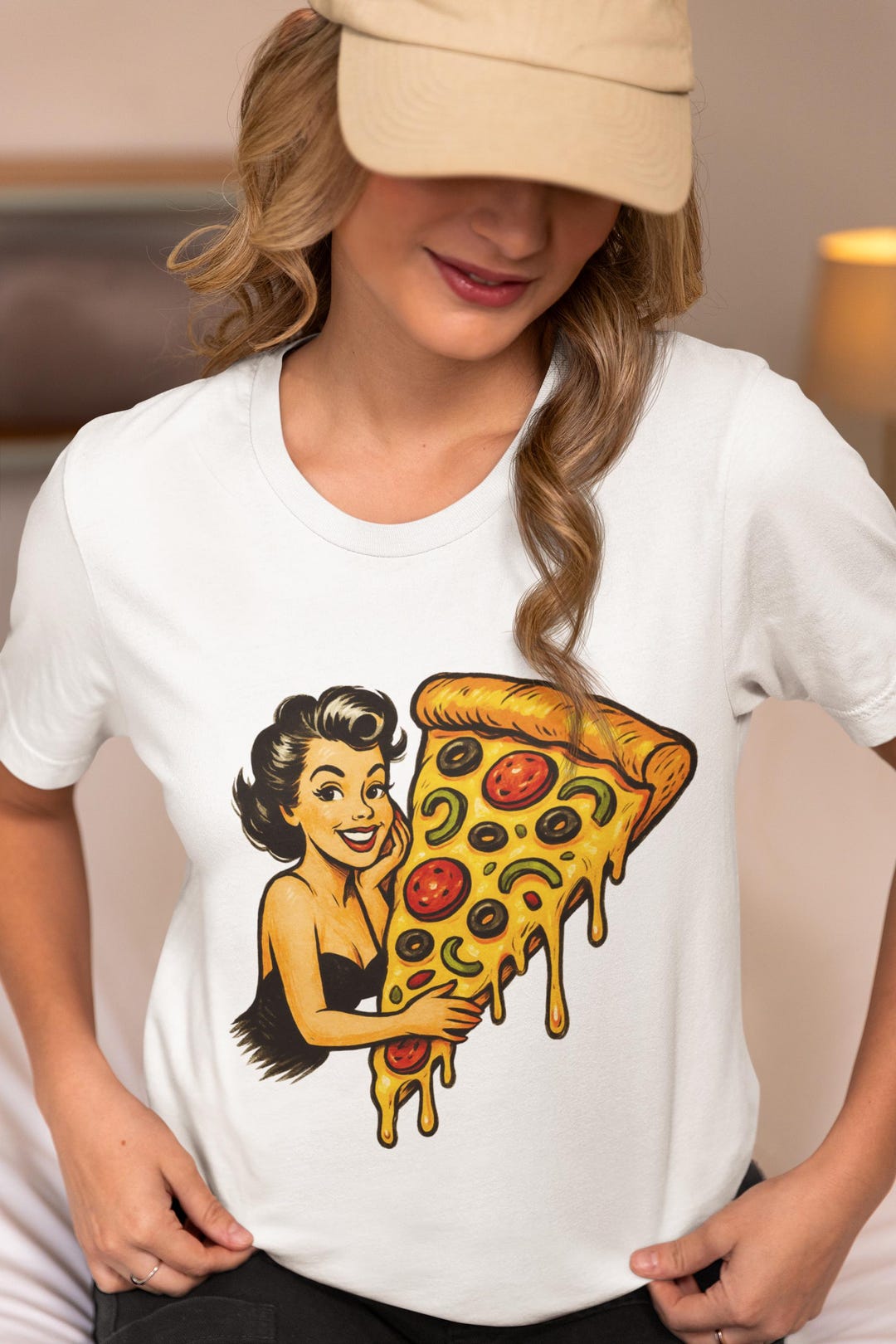 Retro Pinup Pizza T-shirt, Vintage Girl With Giant Cheese Pizza Slice ...
