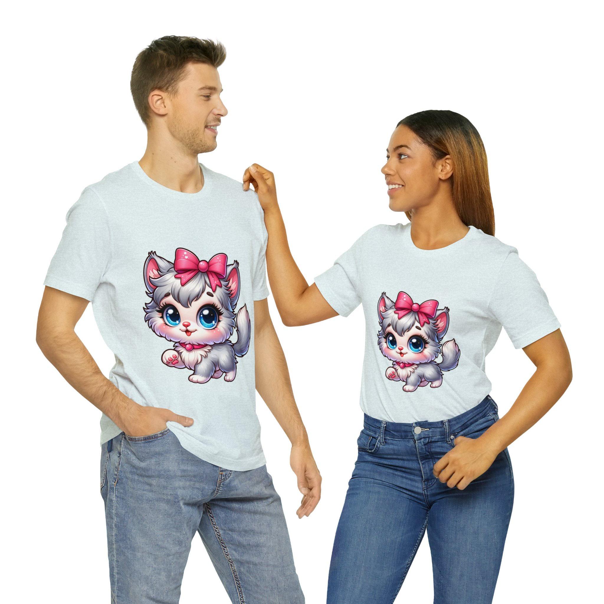 Adorable Cartoon Kitten T-shirt, Cute Cat Tee Top, Unisex Casual Wear ...