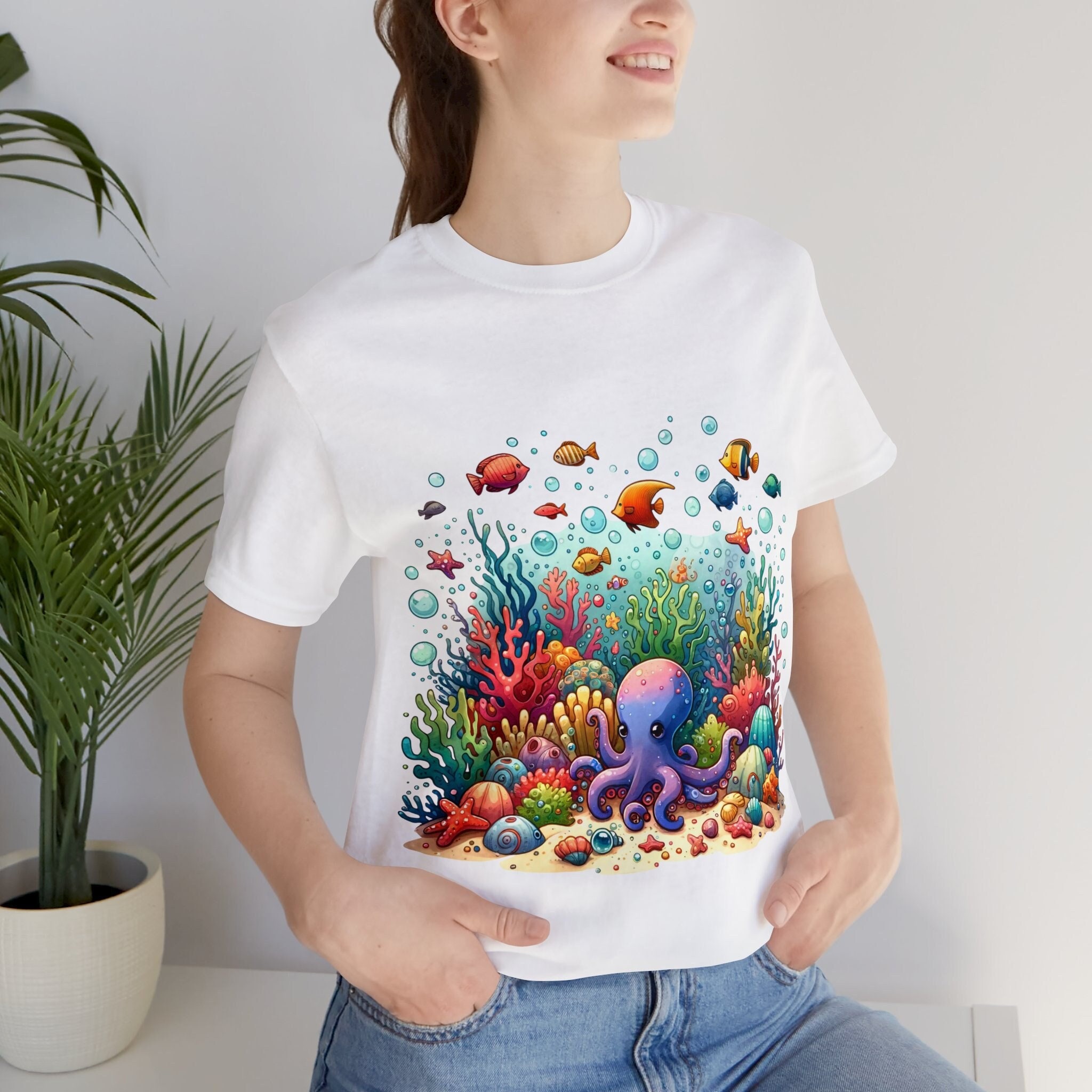 Underwater Life Unisex T-shirt Watercolor Coral Reefs & Playful Fish ...