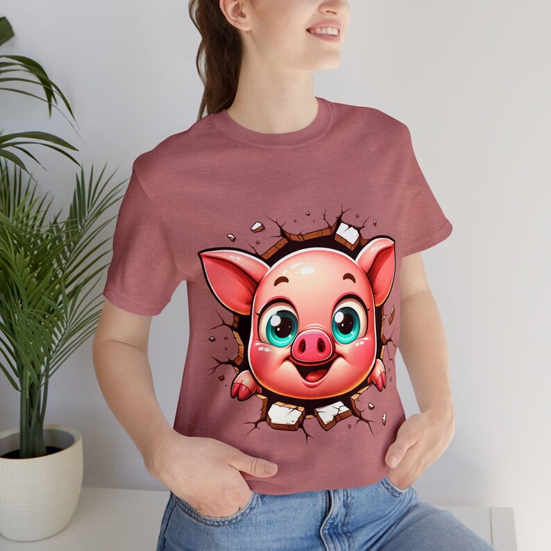 3D Cartoon Piglet T-shirt - Playful Pig Breaking Wall Illusion, Unisex ...