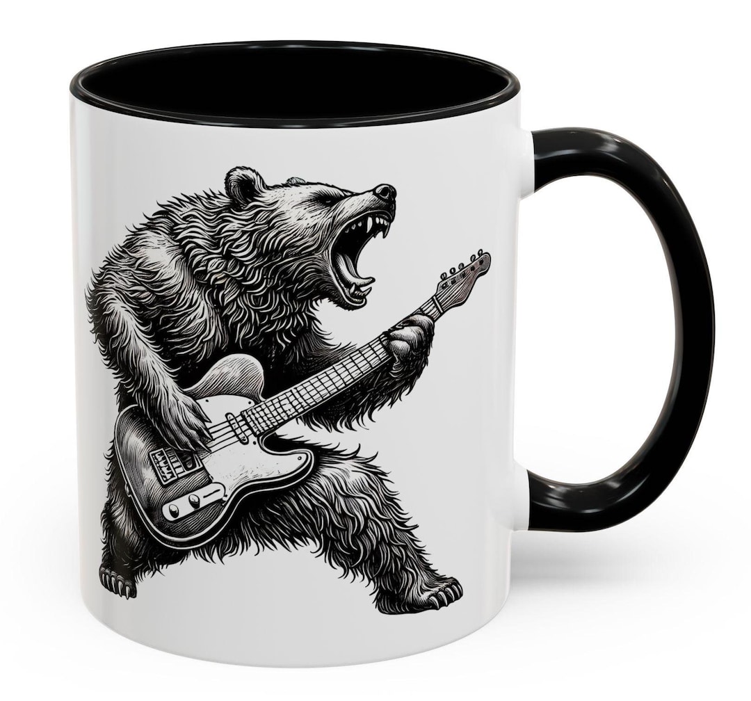 Rockstar Bear Mug, Fierce Guitar Playing Bear Coffee Cup, Heavy Metal ...