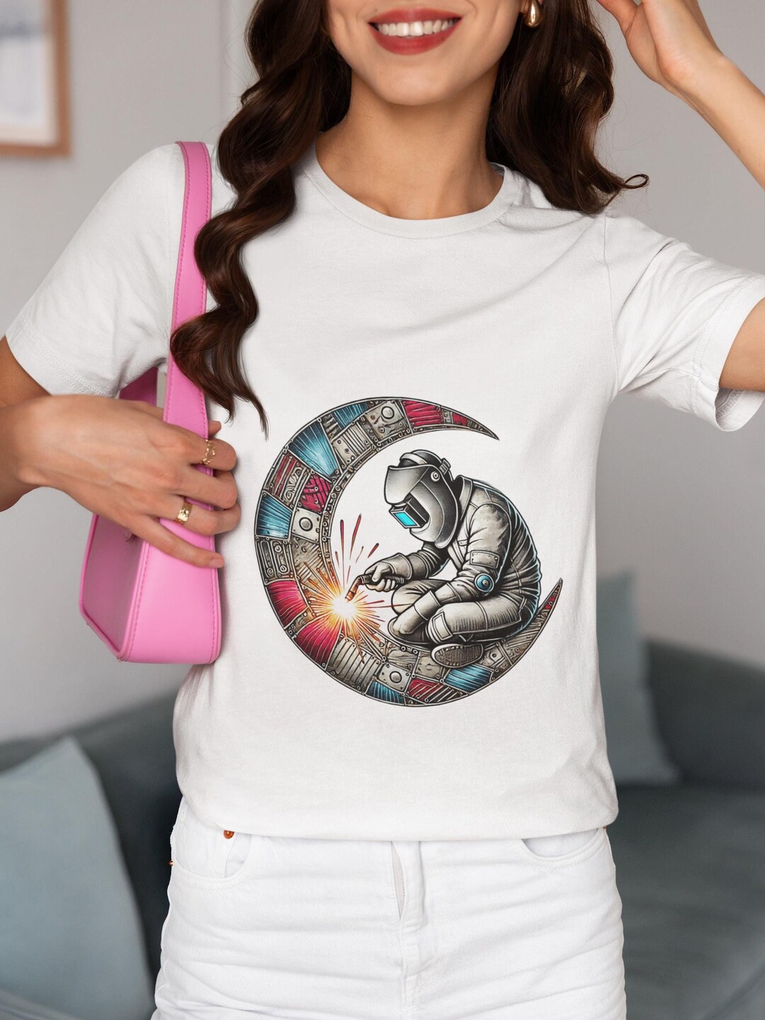 Space Welder T-shirt, Astronaut Welding Crescent Moon Graphic Tee ...