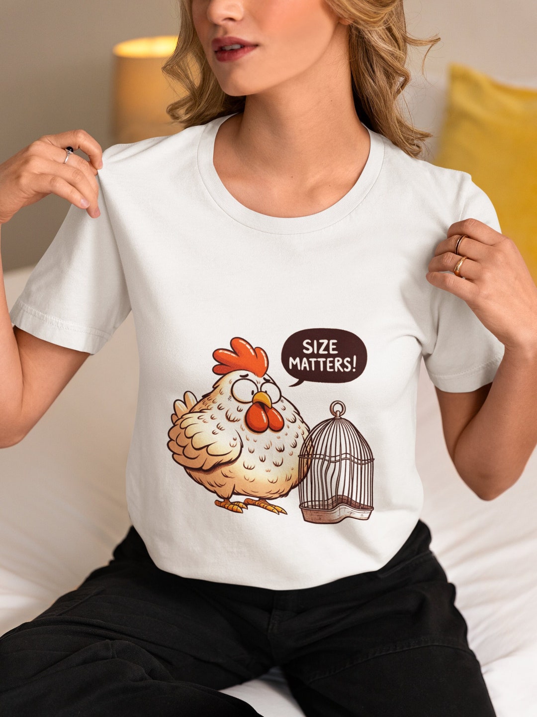 Whimsical Chicken With Cage T-shirt, Funny 'size Matters!' Quote ...