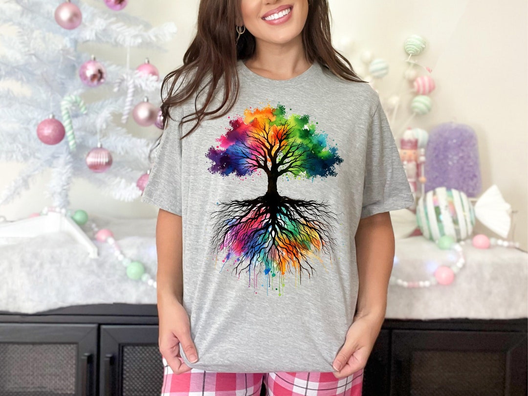 Unisex Watercolor Colorful Rainbow Tree With Roots T-shirt, Abstract ...