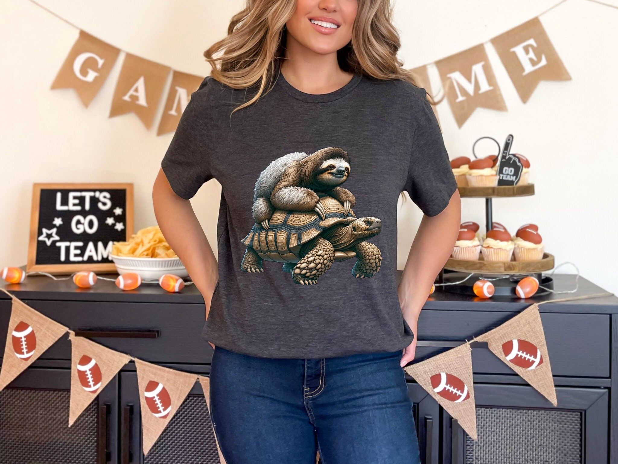 Cartoon Sloth Tortoise Ride T-shirt, Unisex Cute Animal Graphic Tee ...