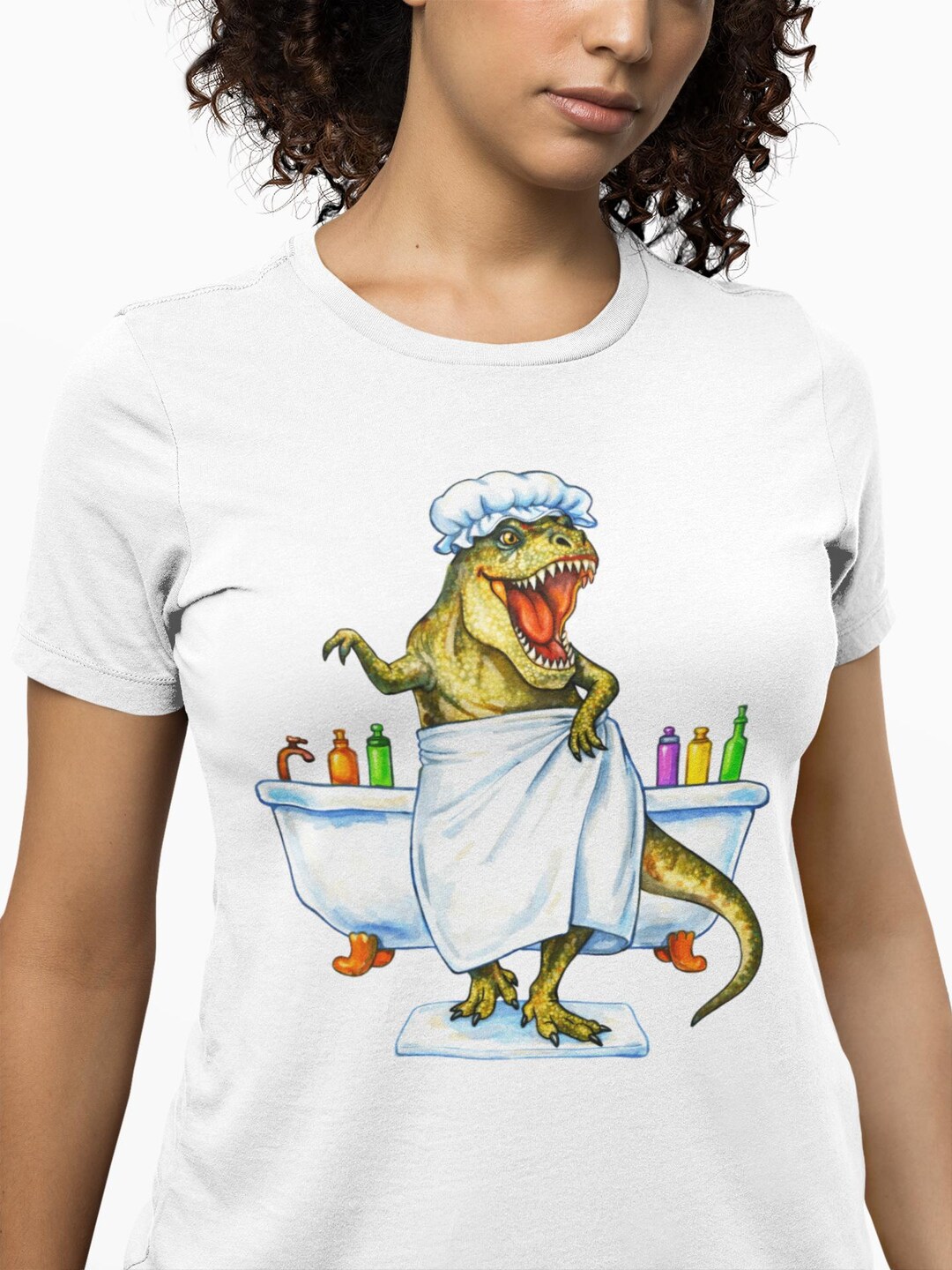 Funny Dinosaur Bath T-shirt | T-rex Spa Shower Cap & Towel Graphic Tee ...