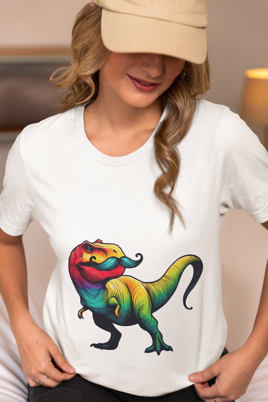 Colorful Rainbow T-rex Dinosaur With Mustache Funny Graphic Unisex T ...