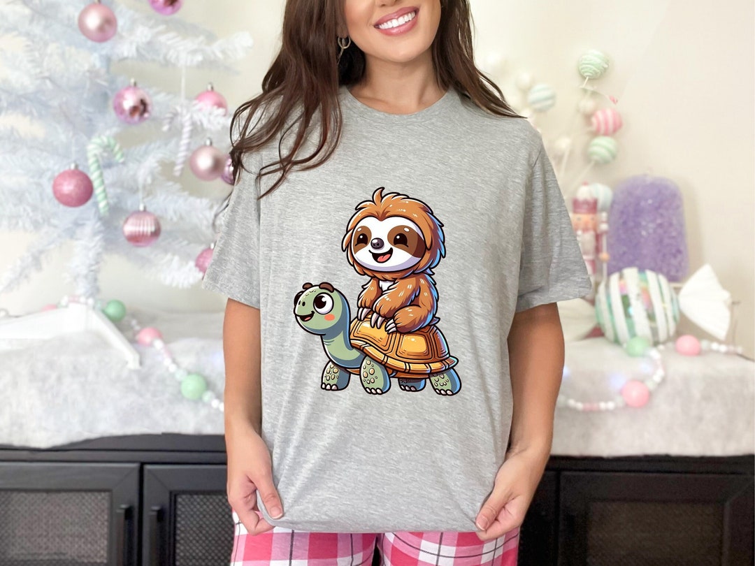 Cartoon Sloth Tortoise Ride T-shirt, Unisex Cute Animal Graphic Tee ...