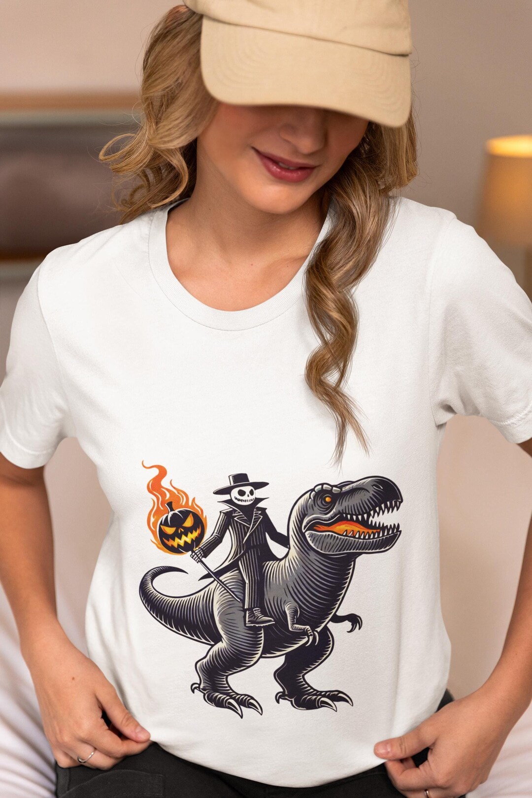 Halloween T-rex Dinosaur Skeleton Rider With Flaming Pumpkin Head ...