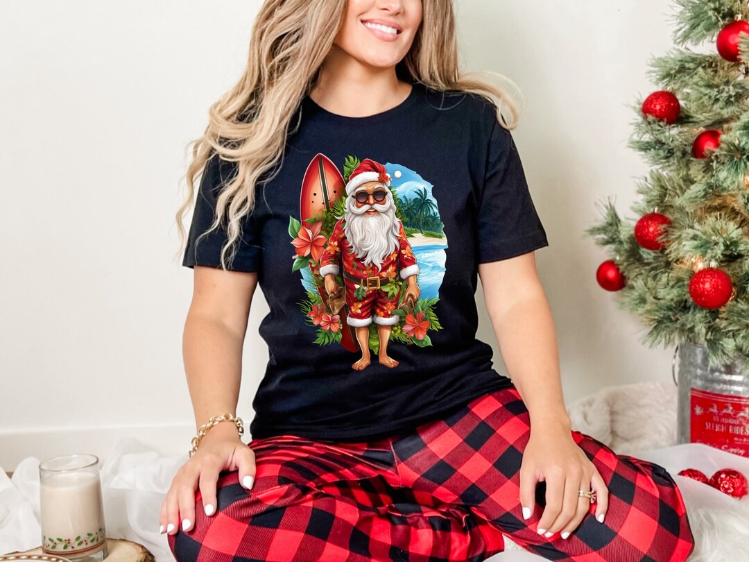Christmas Aloha Santa Claus With Surfboard Unisex T-shirt Festive ...