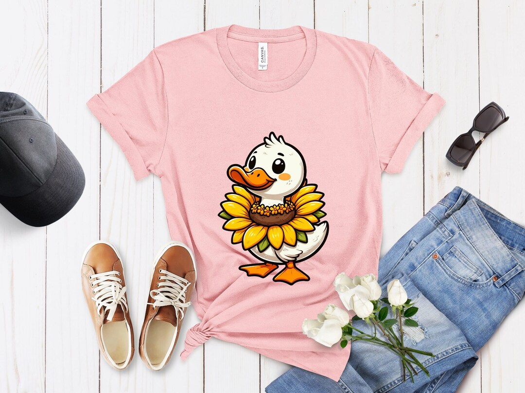 Unique Unisex Cartoon Duck T-shirt With Daisy Flower Sun Hat Design ...