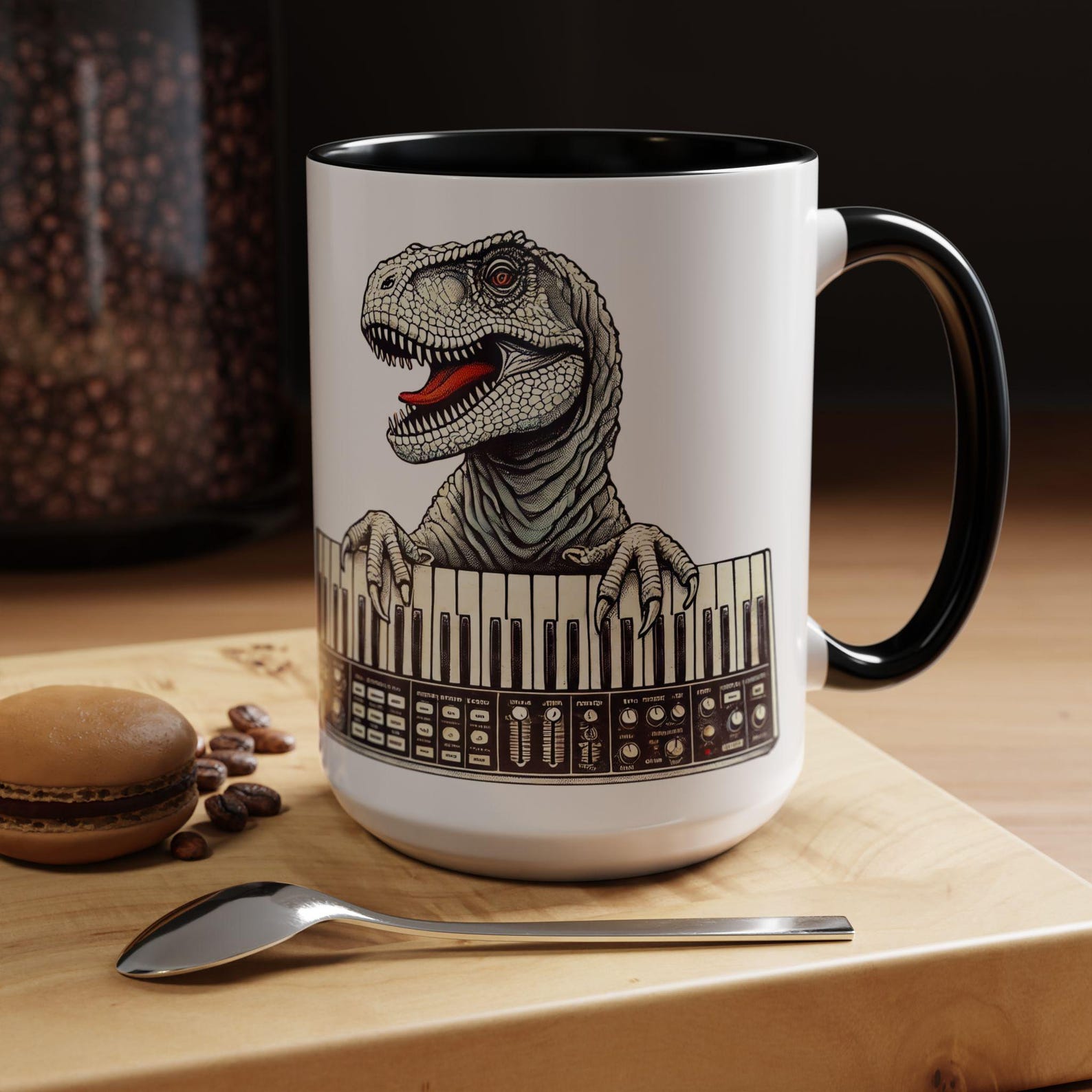 Synthesizer Raptor Mug - Retro Dinosaur Keyboard Art - Funny Music ...