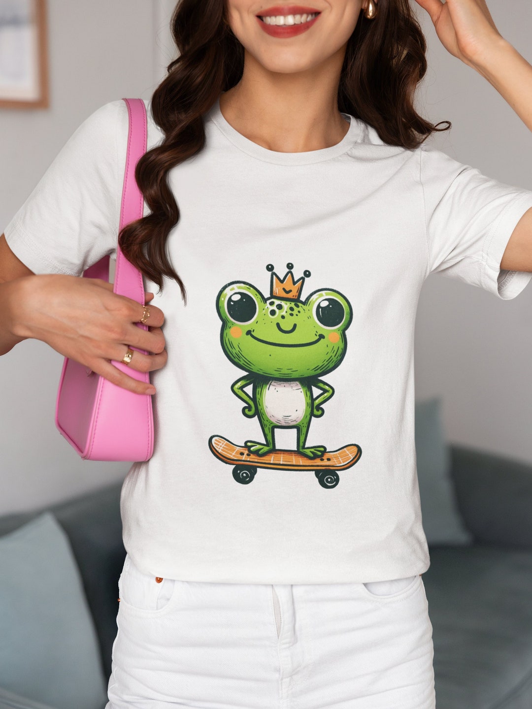 Unisex T-shirt With Cute Cartoon Frog Wearing a Crown on a Skateboard ...