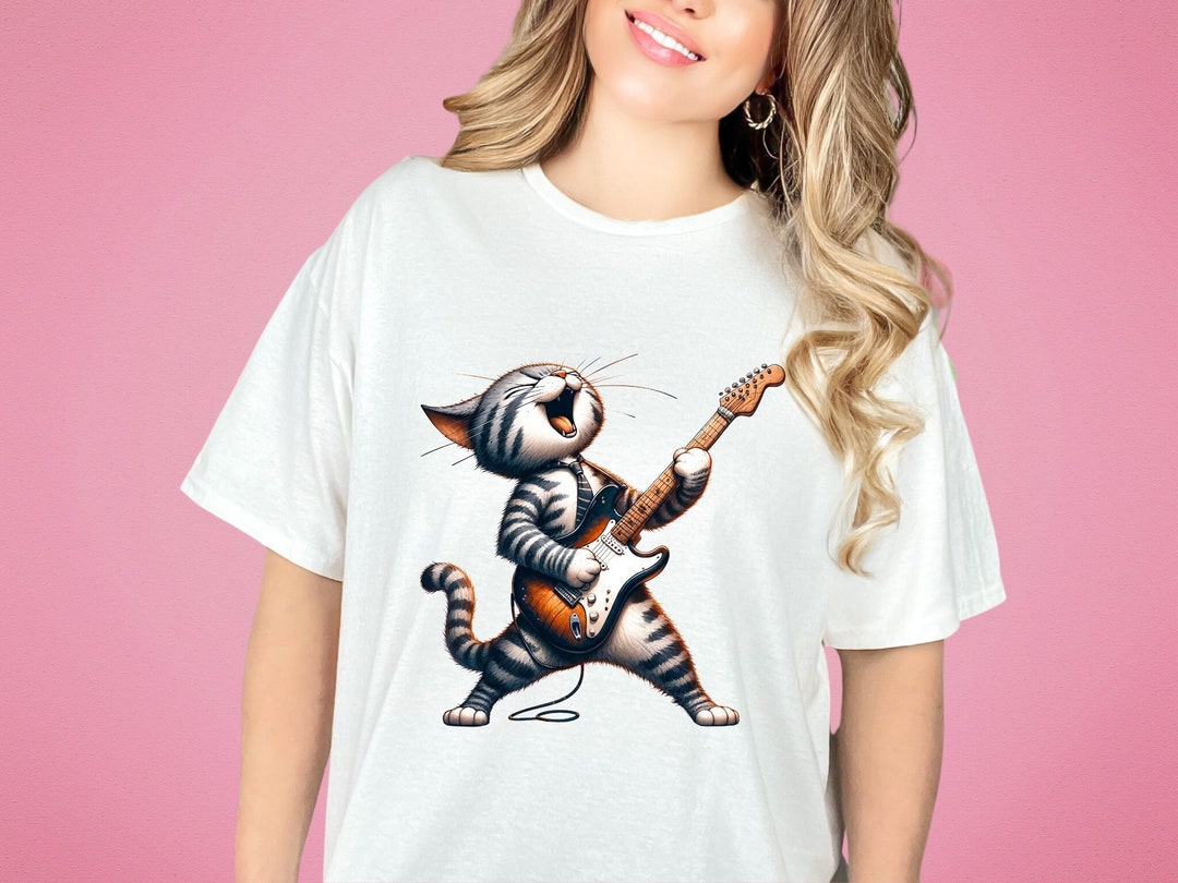 Anthropomorphic Cat Guitarist T-shirt Energetic Feline Musician DTG ...