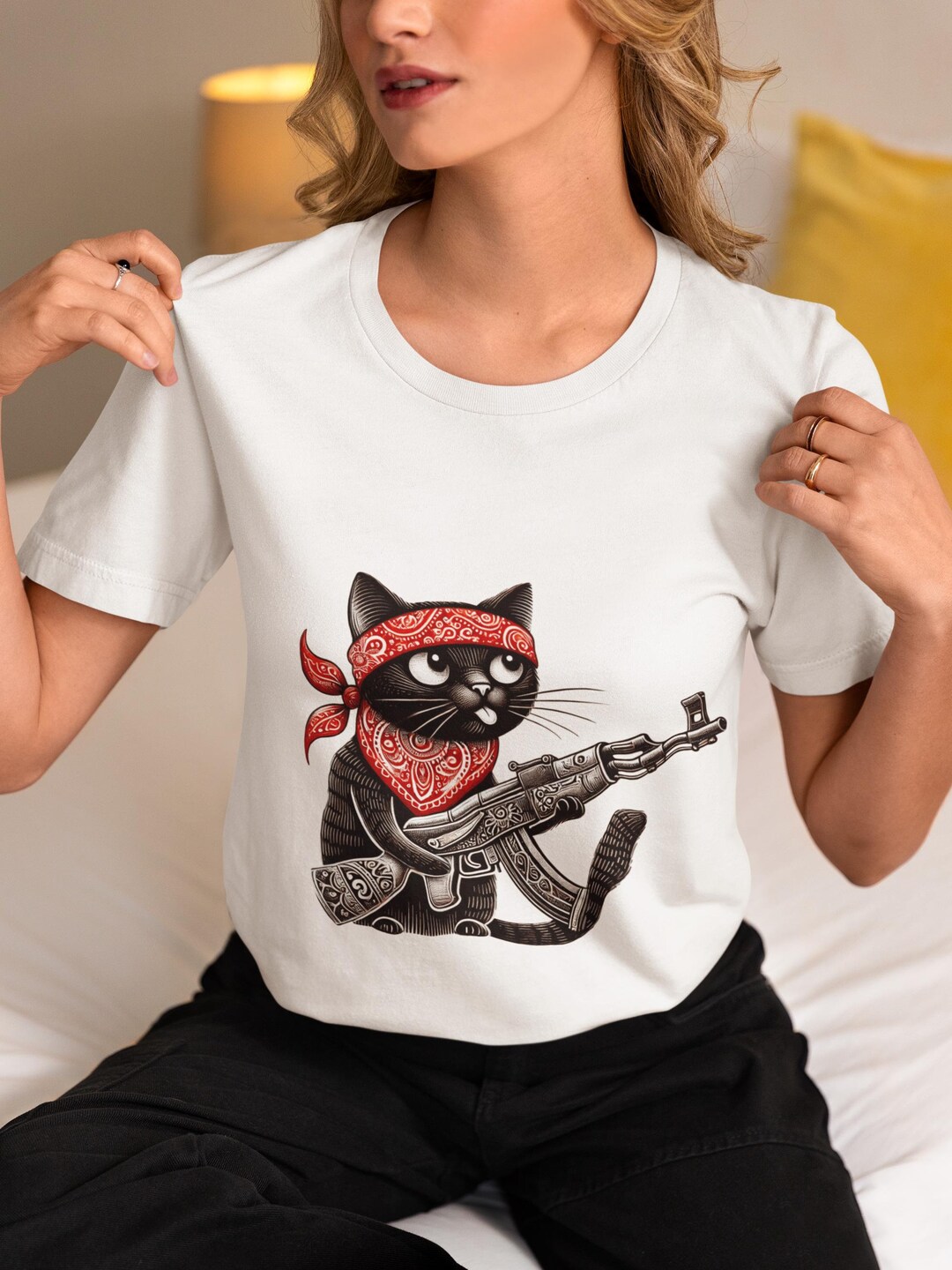 Unisex Funny Gangster Cat T-shirt, Black Cat With Bandana & Rifle, Cool ...