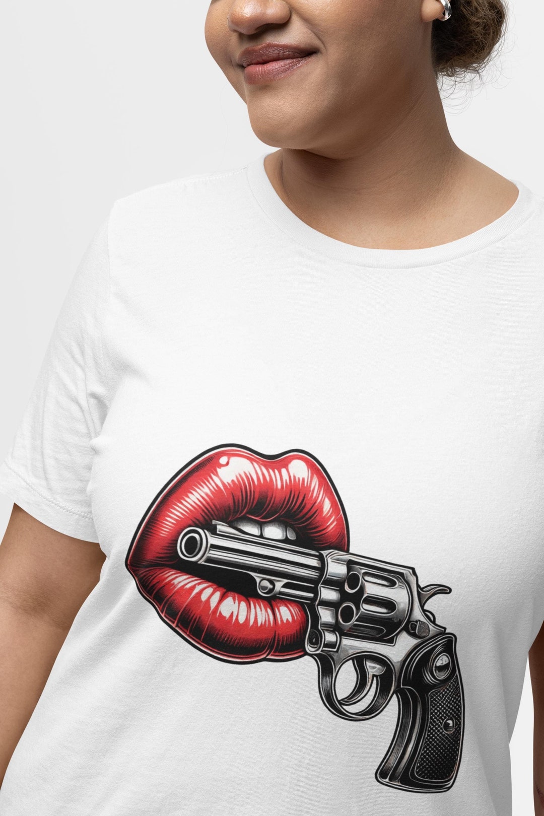 Edgy Revolver Gun Glossy Red Lips Unisex T-shirt, Western Sexy Femme ...