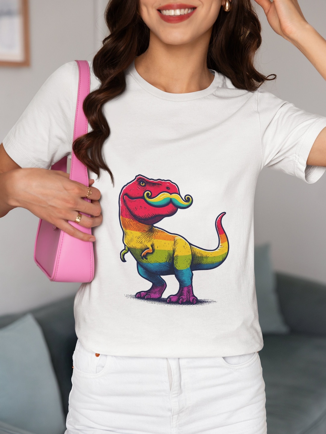 Colorful Mustache T-rex T-shirt | Whimsical Dinosaur Tee Top | Retro ...