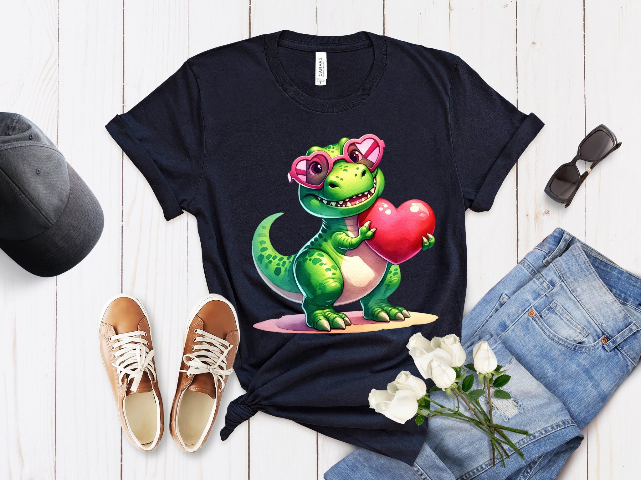 Unisex Cartoon T-rex Tee With Heart & Sunglasses DTG Print Dinosaur ...