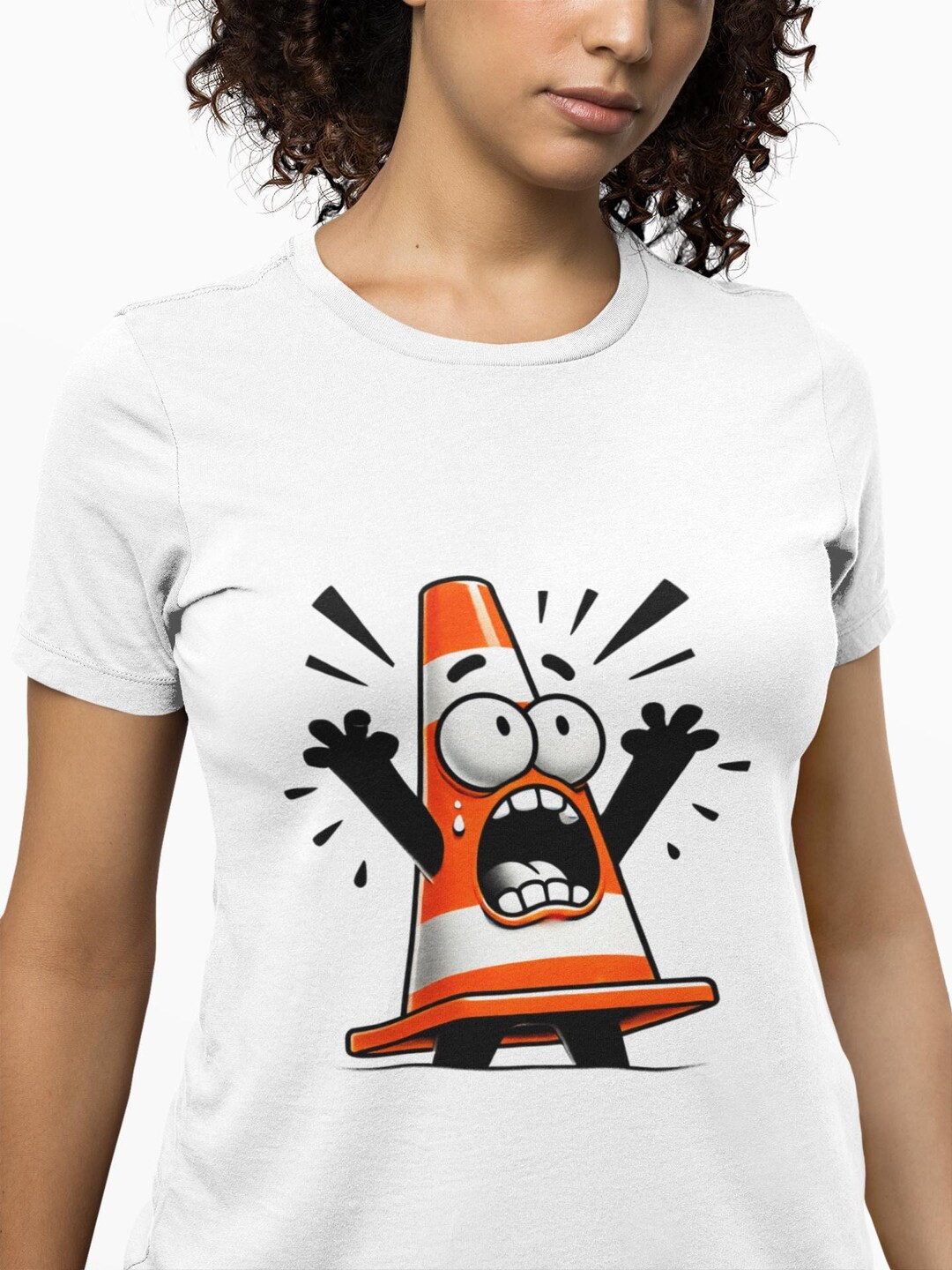 Unisex Scared Traffic Cone T-shirt, Quirky Cartoon Cone Tee, Road Work ...