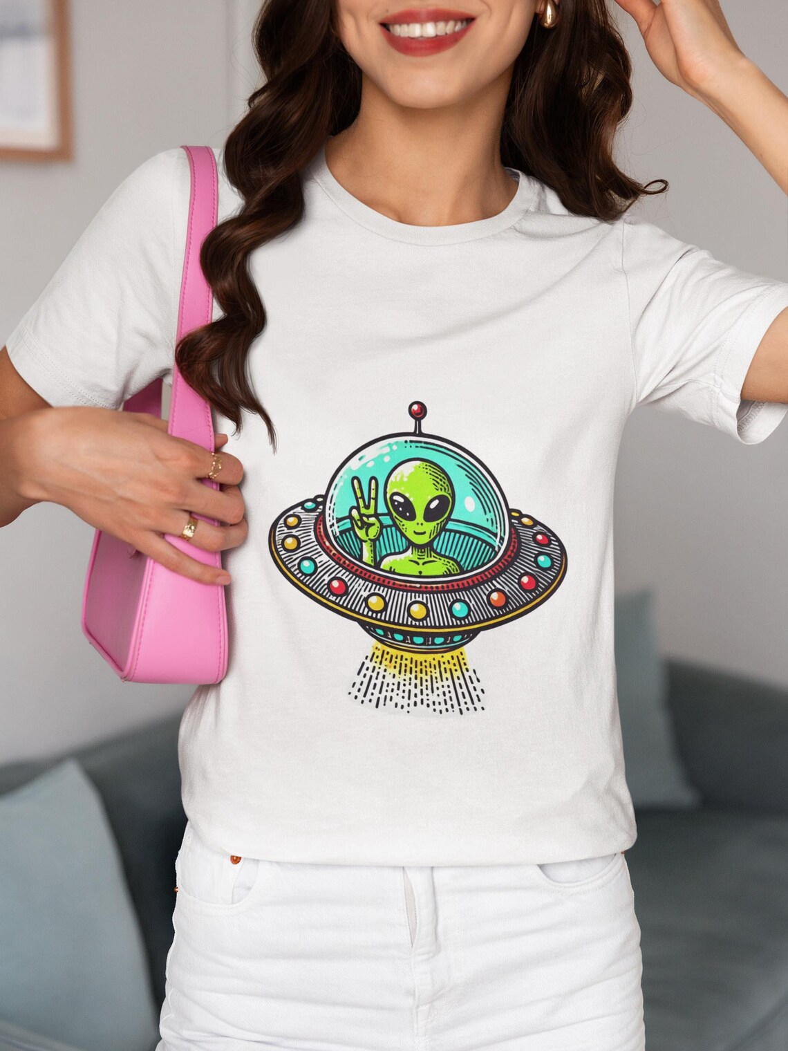 Retro Alien in UFO T-shirt, Vintage Sci-fi Graphic Tee, Funny Space ...