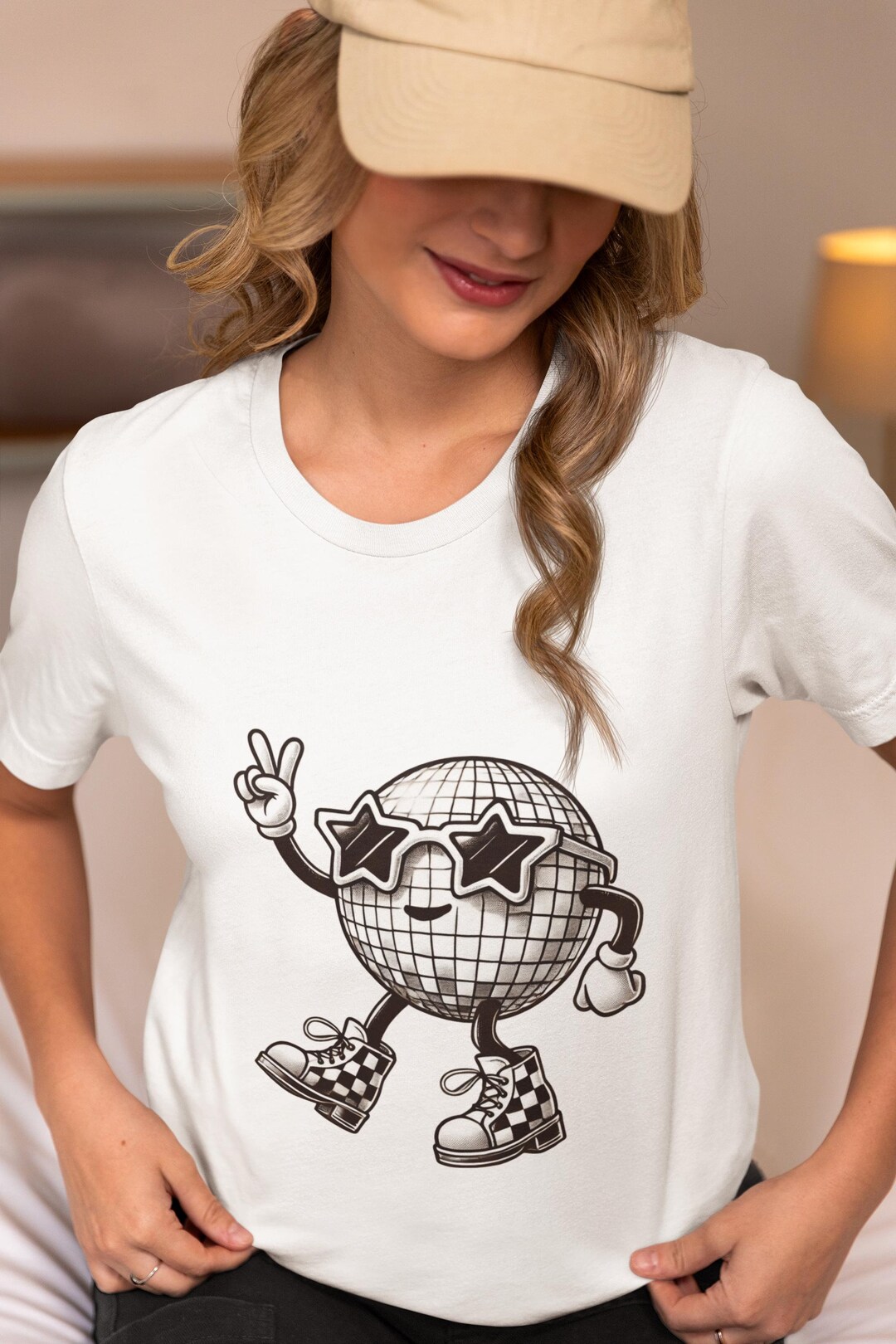 Cool Disco Ball T-shirt, Retro Star Glasses & Checkered Boots Tee,fun ...