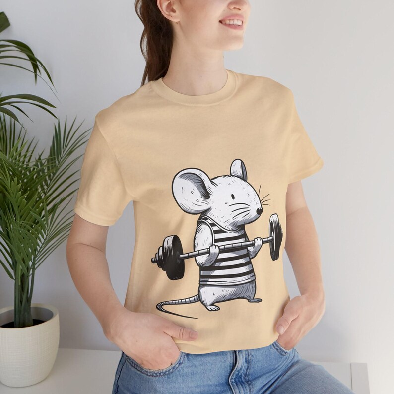 Adorable Mouse Weightlifting T-shirt, Cute Cartoon Mouse in Striped ...