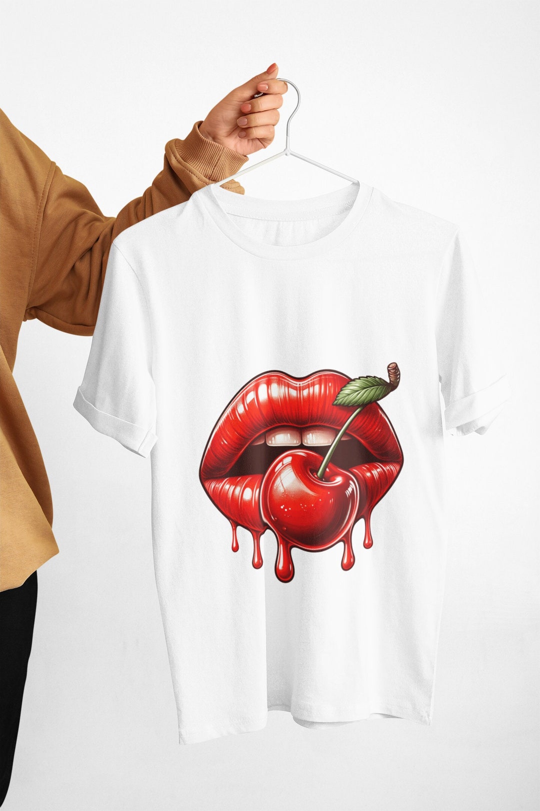 Bold Cherry Lips Graphic Tee Top - Unisex Red Cherry Lip Print Shirt ...