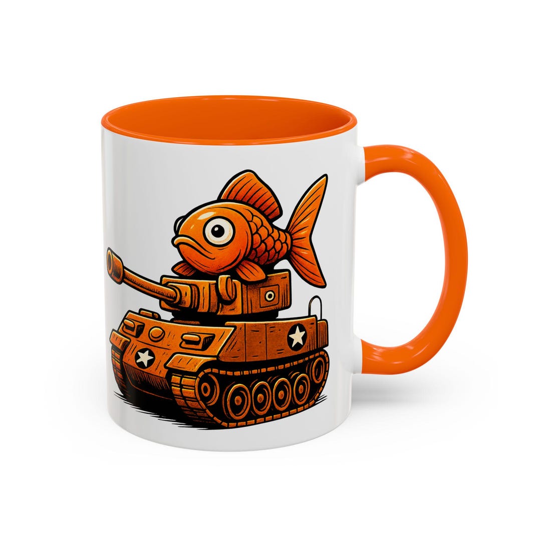 Goldfish in Tank Mug, Cartoon Fish Driving Military Tank, Quirky Animal ...