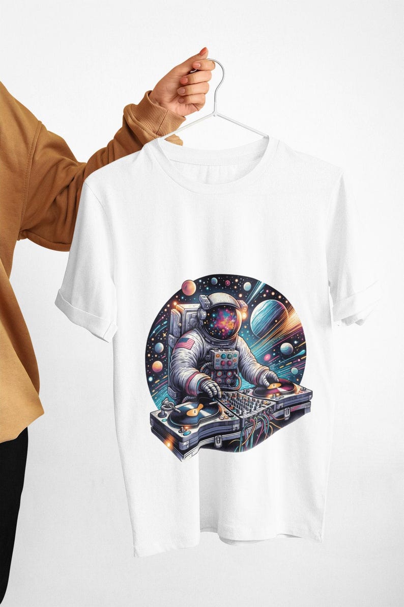 Unisex Galactic DJ Astronaut T-shirt, Vibrant Space-themed Graphic Tee ...