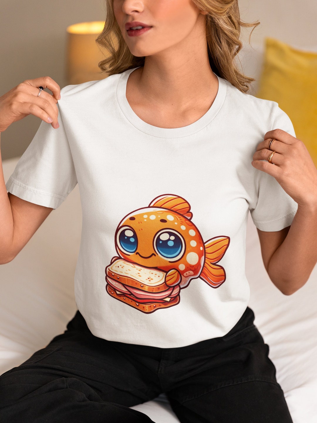 Whimsical Cartoon Fish Unisex T-shirt-cute Orange Fish With Sandwich ...