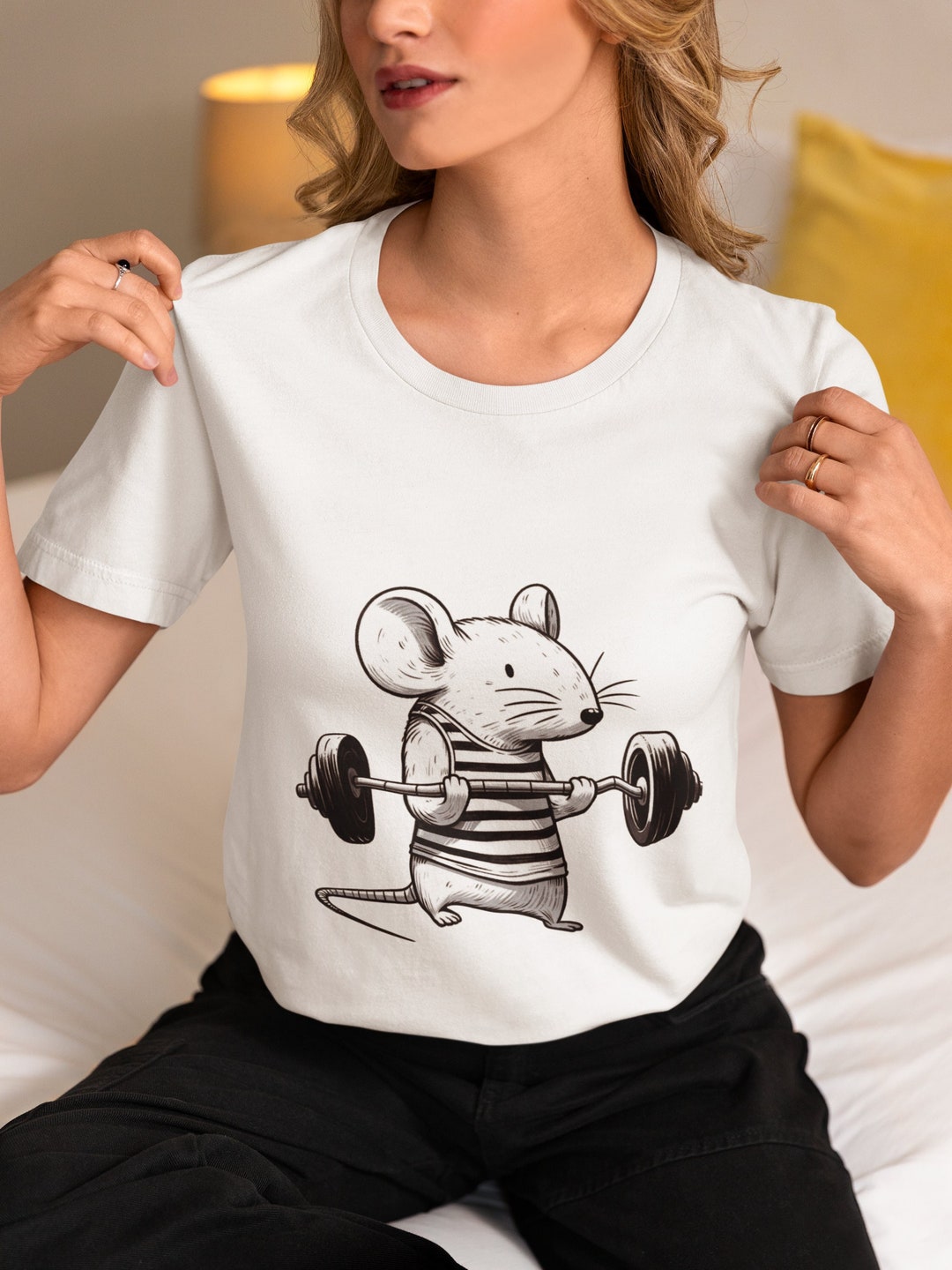 Adorable Mouse Weightlifting T-shirt, Cute Cartoon Mouse in Striped ...