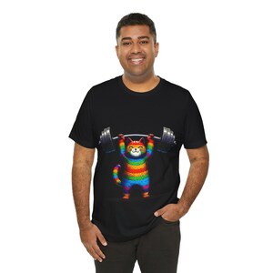 Rainbow Powerlifting Cat T-shirt | Colorful Gym Cat Lifting Weights ...