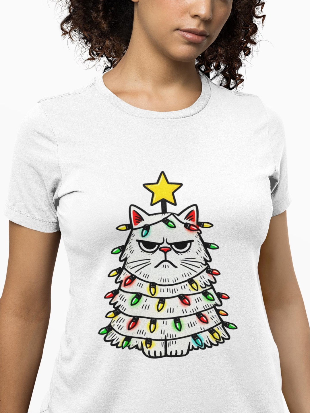 Grumpy Cat Christmas Tree Lights Unisex T-shirt, Holiday Cat Lover ...