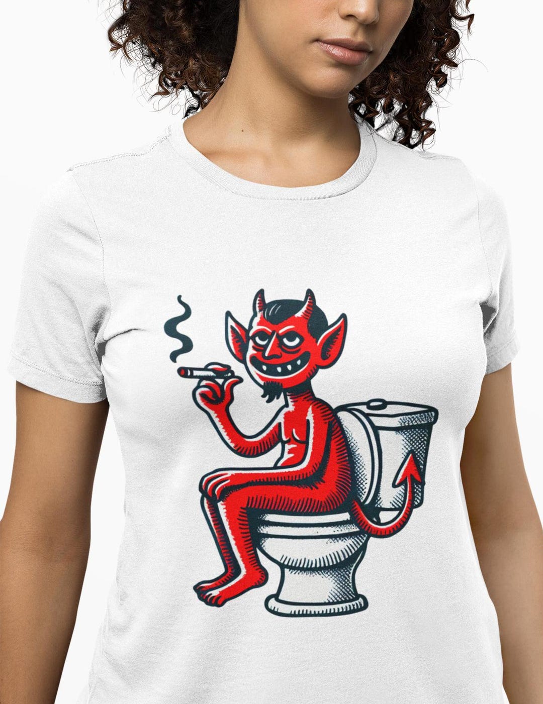 Smoking Devil on Toilet T-shirt, Retro Cartoon Infernal Humor Tee, Edgy ...
