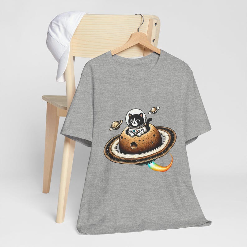 Cute Astronaut Cat in Space T-shirt, Kawaii Cosmic Kitty Riding Saturn ...