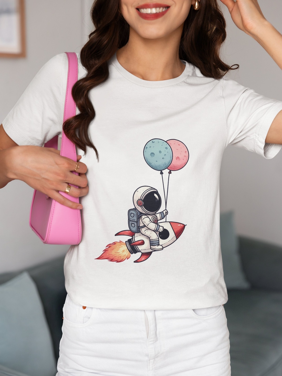 Whimsical Astronaut Riding Rocket With Planet Balloons T-shirt-perfect ...