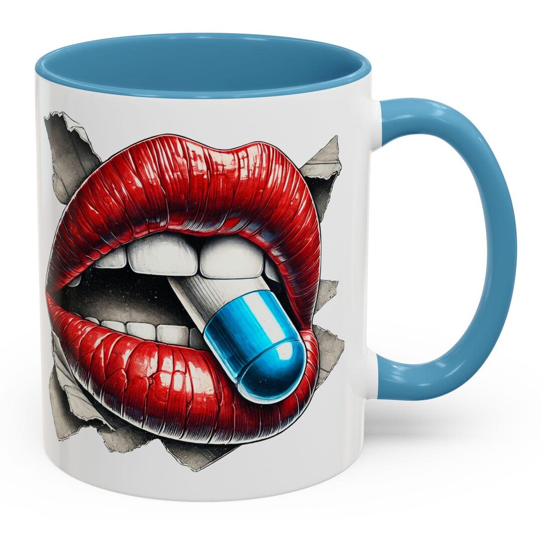 Bold Red Lips With Blue Pill Mug, Edgy Pop Art Coffee/tea Cup Surreal ...