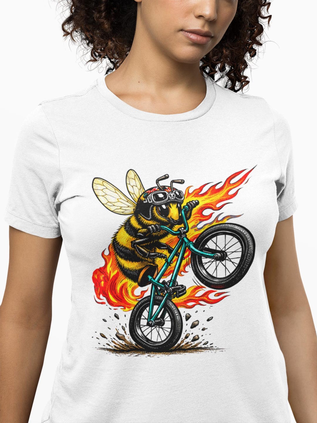 Stunt Bee BMX T-shirt, Funny Bee Biker Wheelie With Fire Flames, Retro ...