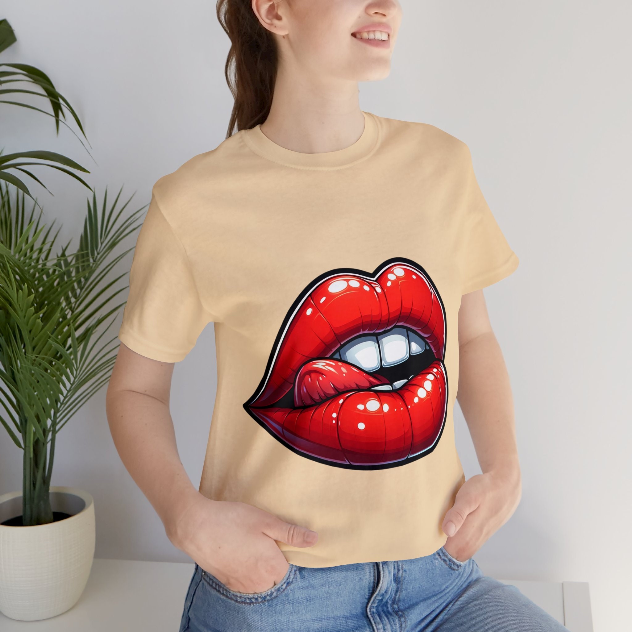 Playful Lips Tease Tongue Graphic Tee Top Unisex T-shirt, Trendy Tongue and Lip Bite Design ...