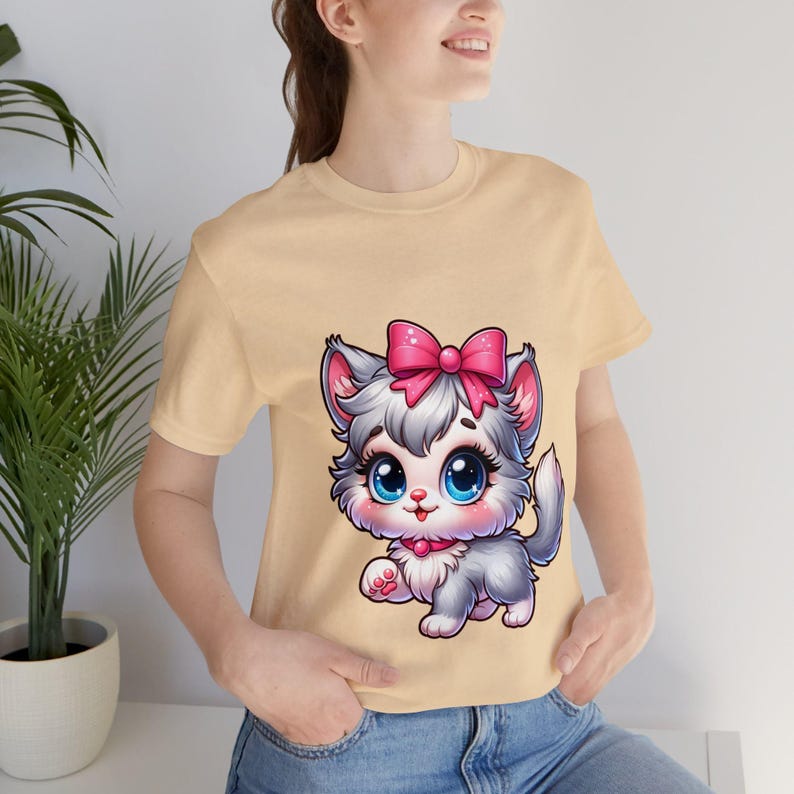 Adorable Cartoon Kitten T-shirt, Cute Cat Tee Top, Unisex Casual Wear ...