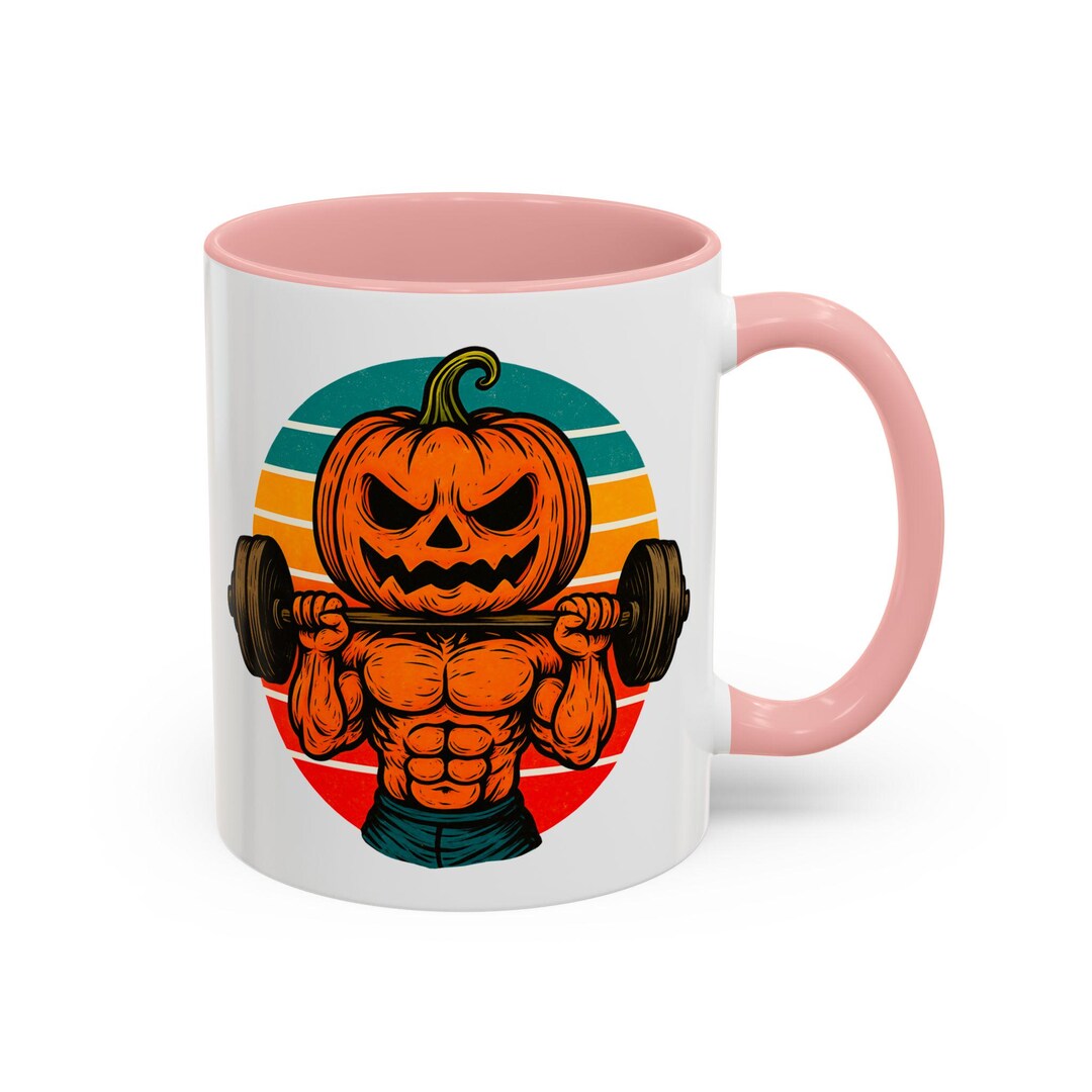 Halloween Gym Mug, Muscular Pumpkin Head Lifting Weights, Fitness ...
