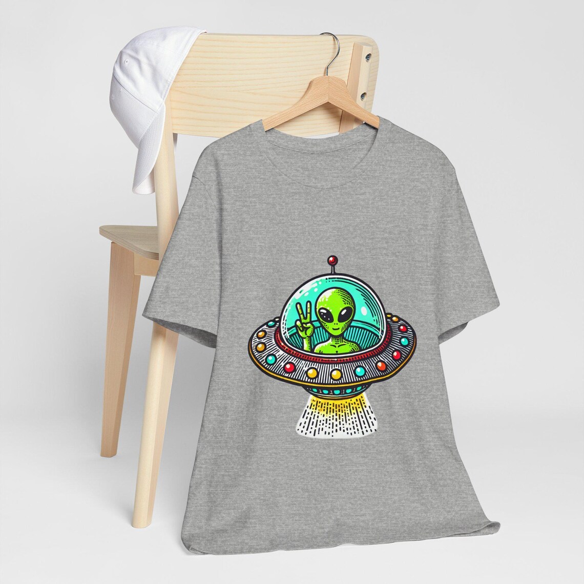 Retro Alien in UFO T-shirt, Vintage Sci-fi Graphic Tee, Funny Space ...