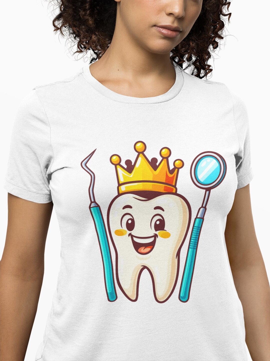 Tooth T-shirt, Cute Cartoon Tooth With Crown and Dental Tools, Dentist ...